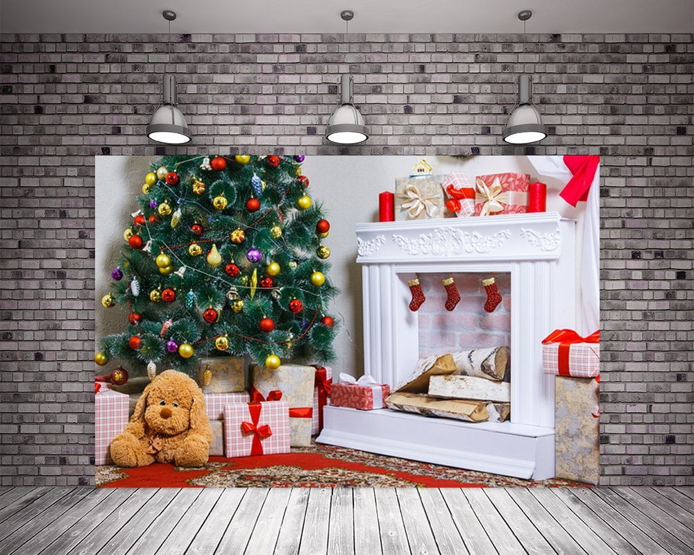 GreenDecor 7X5ft White Fireplace Christmas Tree Backdrops for Photo ...