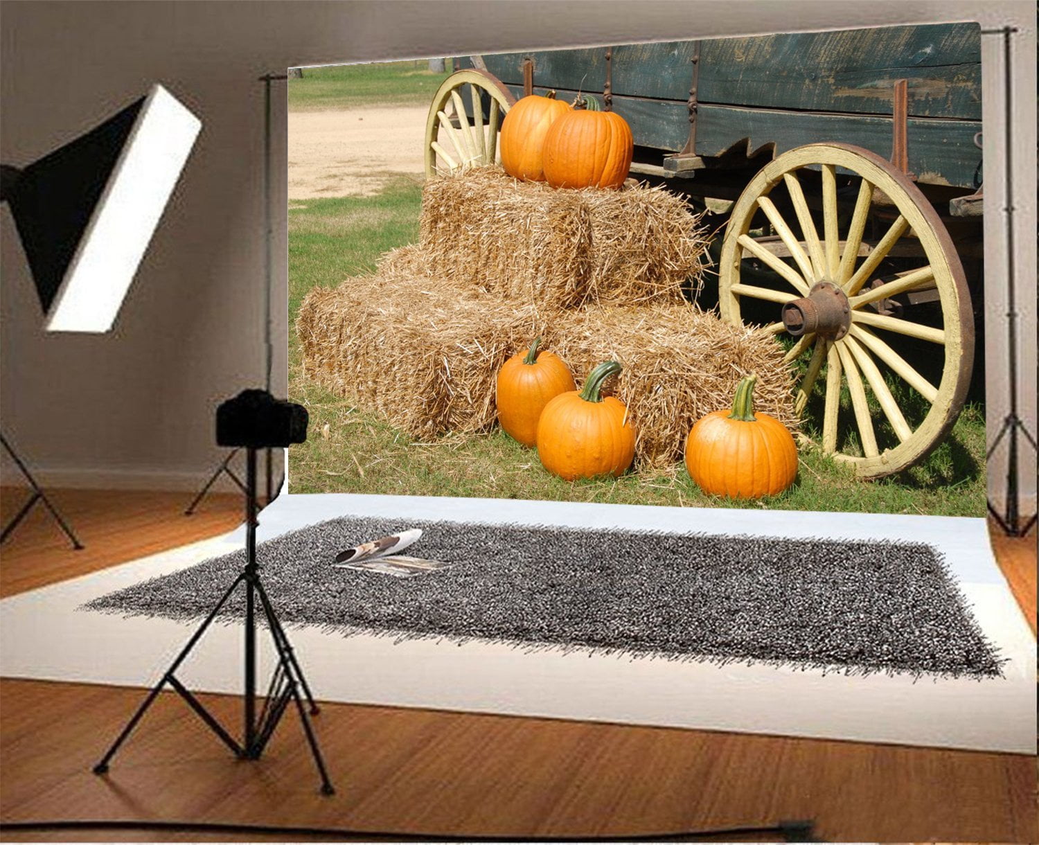 GreenDecor 7x5ft Autumn Backdrop Pumpkin Straw Hay Bale Wheel Farm Car ...
