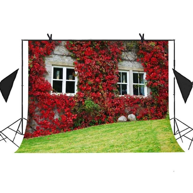 GreenDecor 7x5ft Backdrop Stone Wall Windows Red Leaves Lawn Picture ...