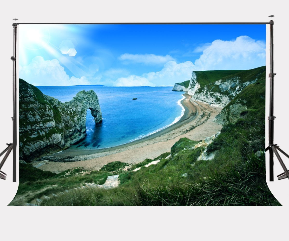 GreenDecor 7x5ft Blue Sea Clear Weather Backdrop Sand Coast Green ...