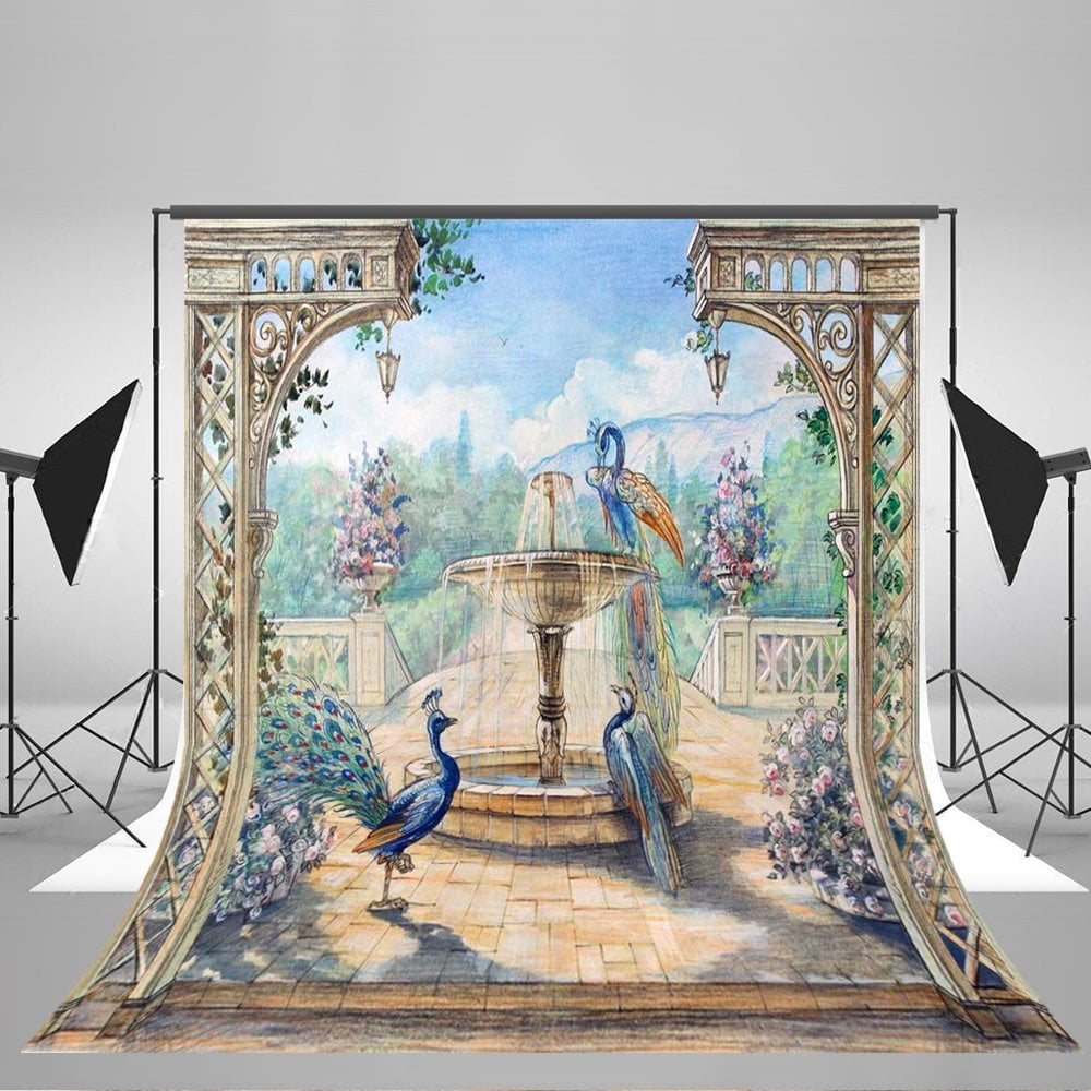 GreenDecor 7x5ft Castle Fountain Peacock Natural Scene for Photography ...