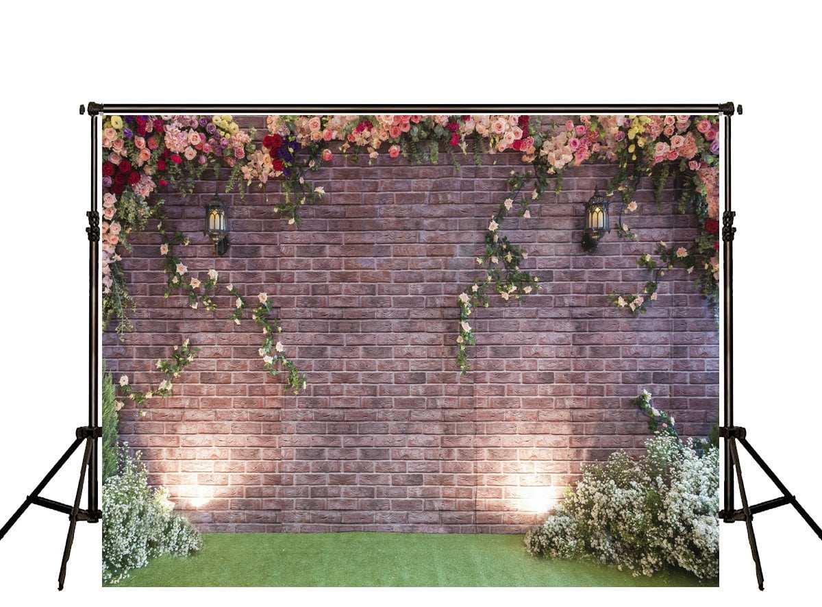 GreenDecor 7x5ft Children Photography Pink Flowers Brick Wall ...