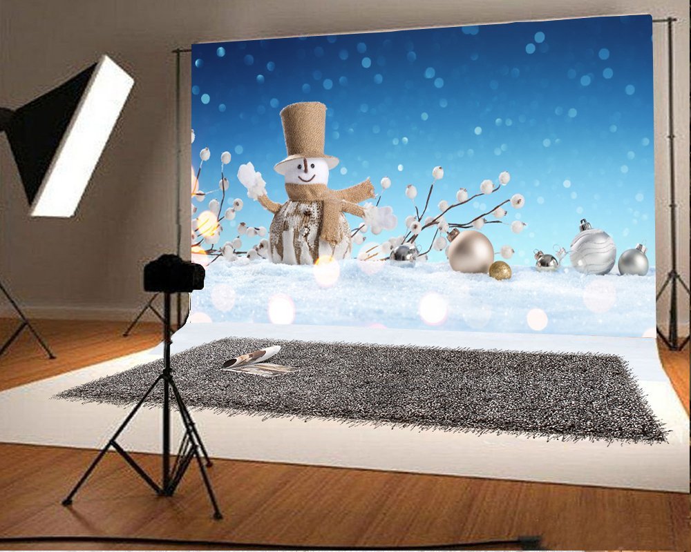 GreenDecor 7x5ft Christmas Backdrop Snowman with Hat Balls Branch Bokeh ...