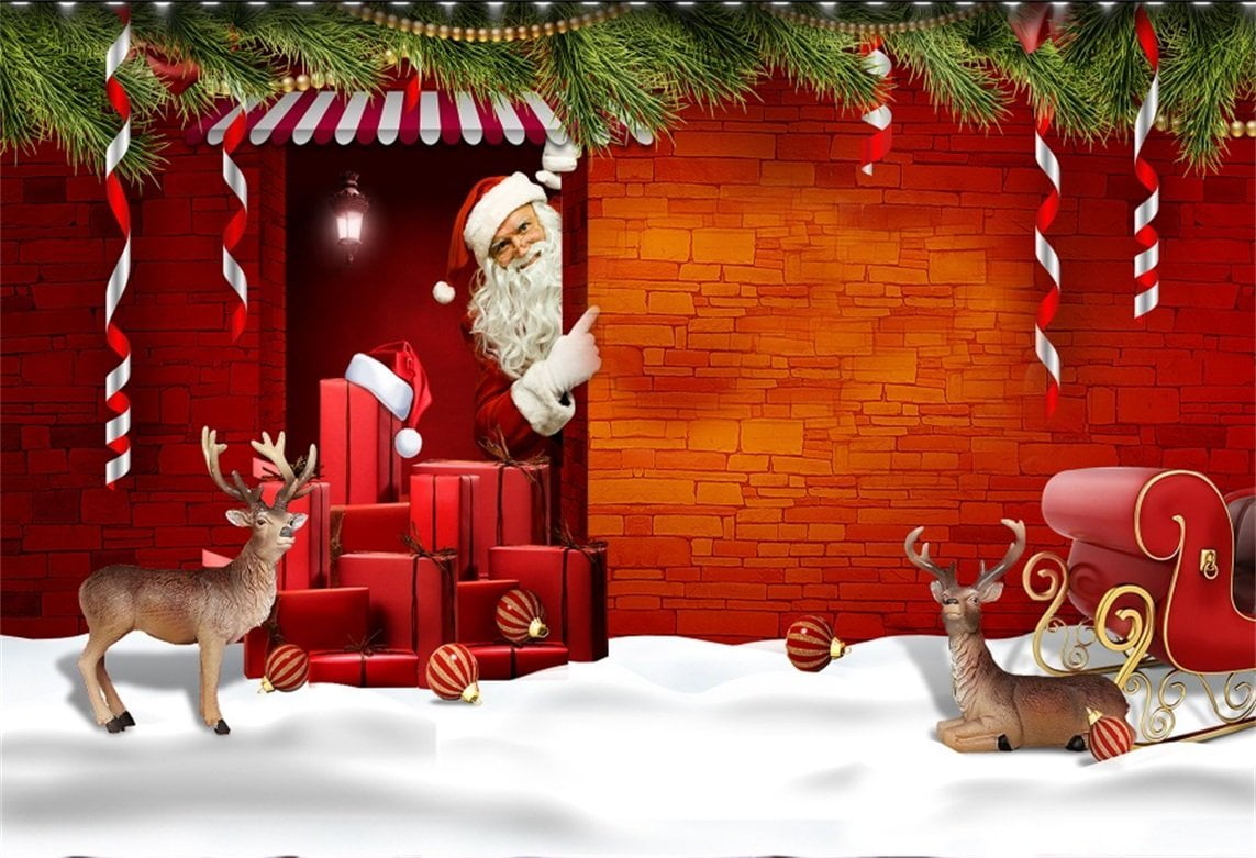 GreenDecor 7x5ft Christmas Backdrops Santa Claus Sleigh Reindeer Xmas ...