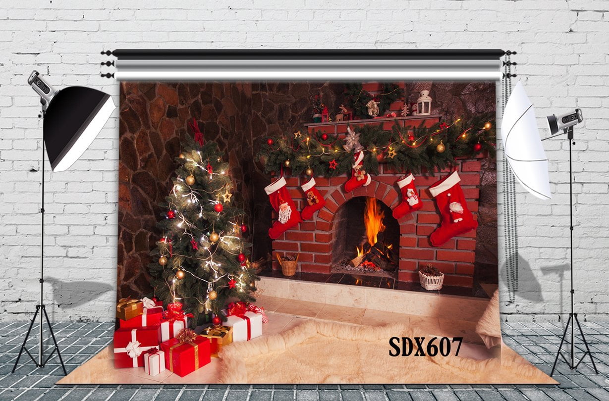 GreenDecor 7x5ft Christmas Tree and Fireplace Christmas Photography ...