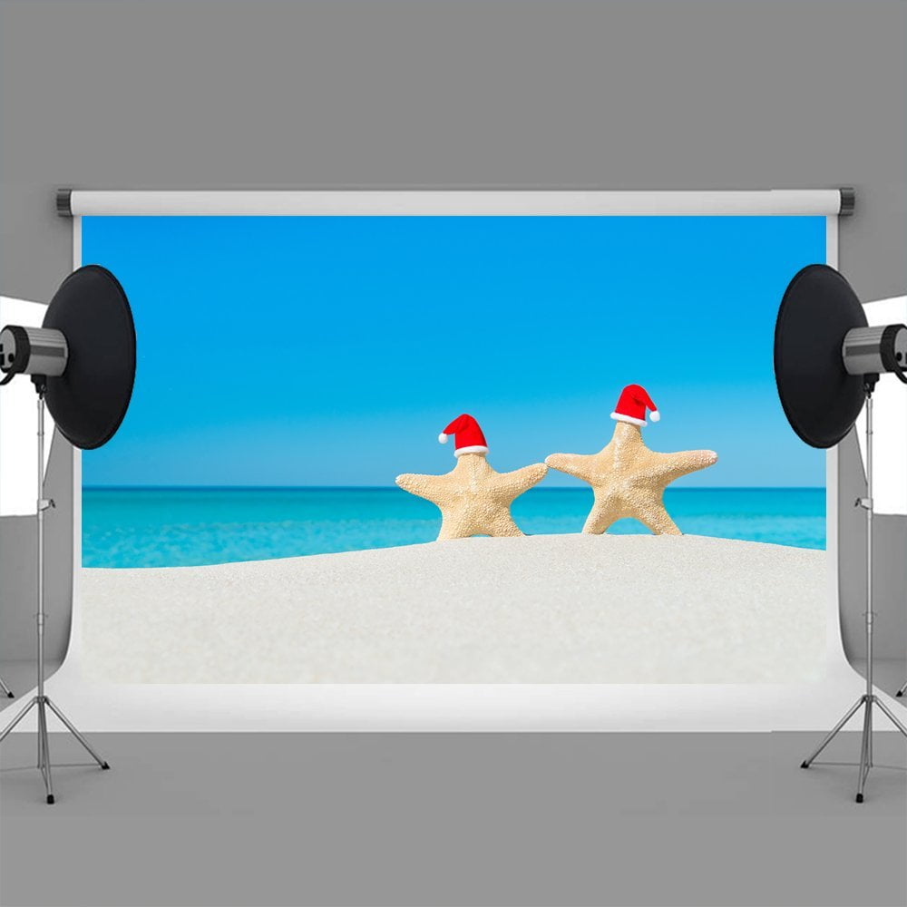 GreenDecor 7x5ft Christmas backdrops Starfish Christmas hat the seaside ...