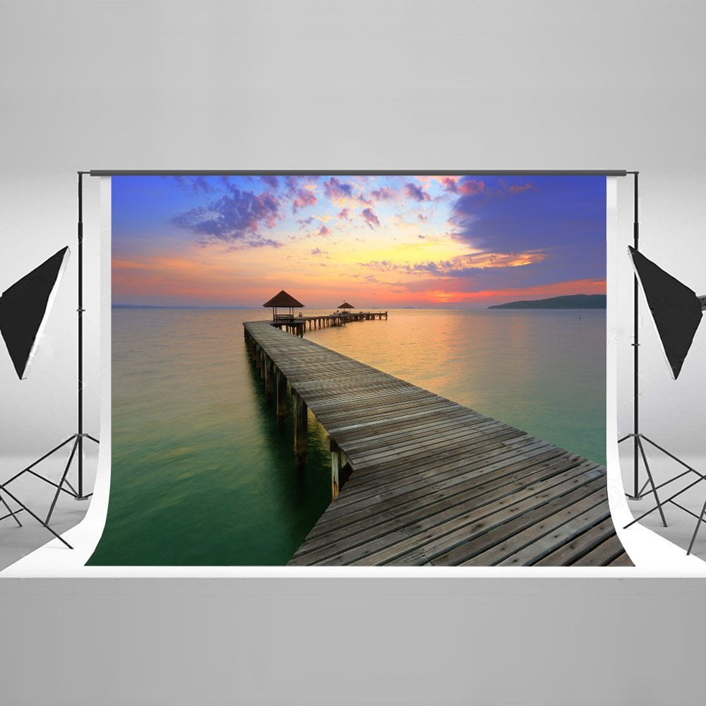 GreenDecor 7x5ft Digital Photography Backdrops Ocean View Wood Bridge ...