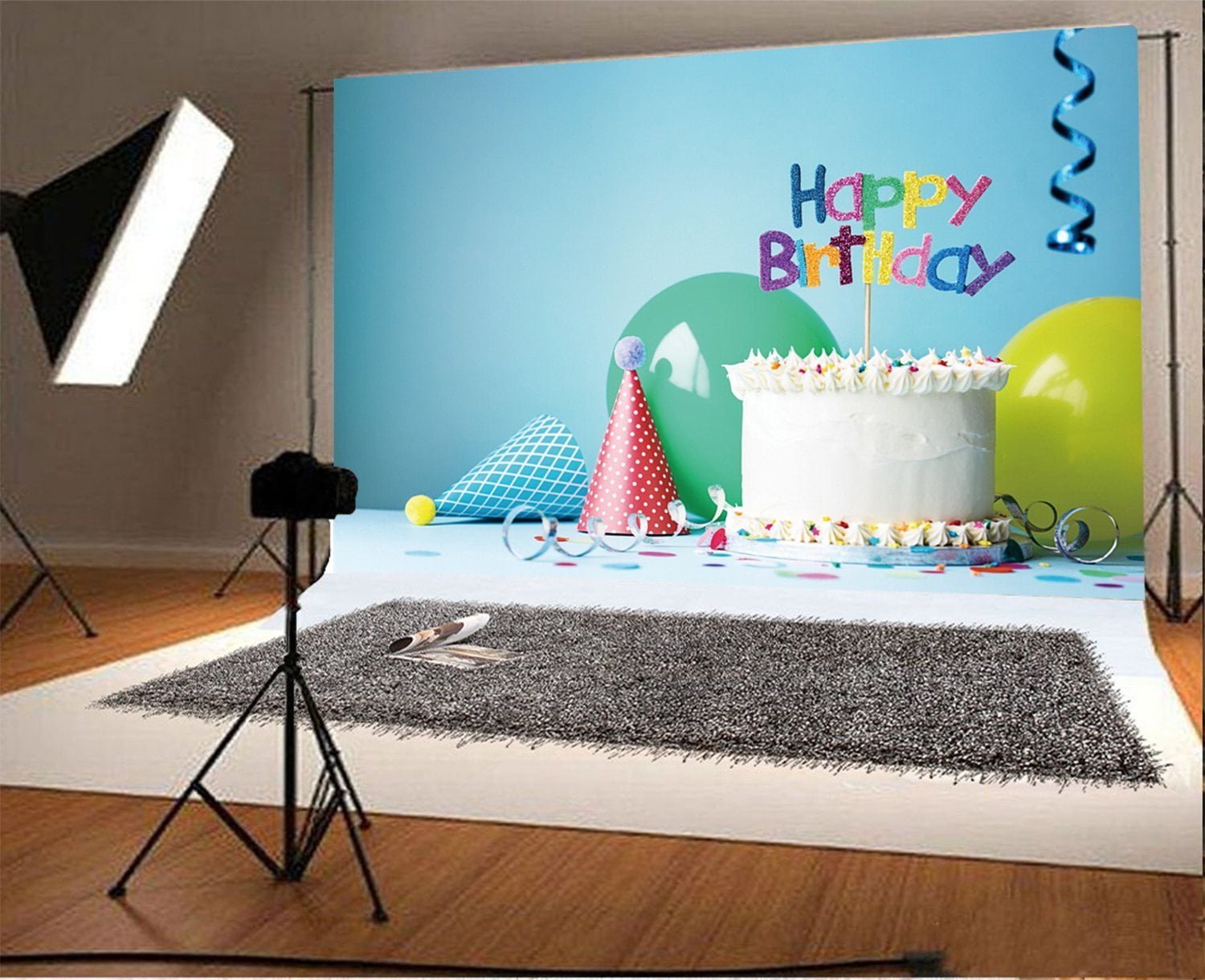 GreenDecor 7x5ft Happy Birthday Backdrop Ribbon Cakes Cartoon Hats ...