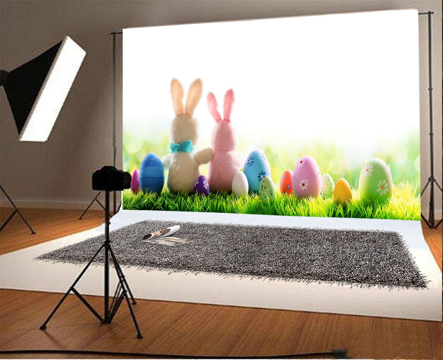 GreenDecor 7x5ft Happy Easter Eggs Backdrop Lovely Rabbits Green Grass ...