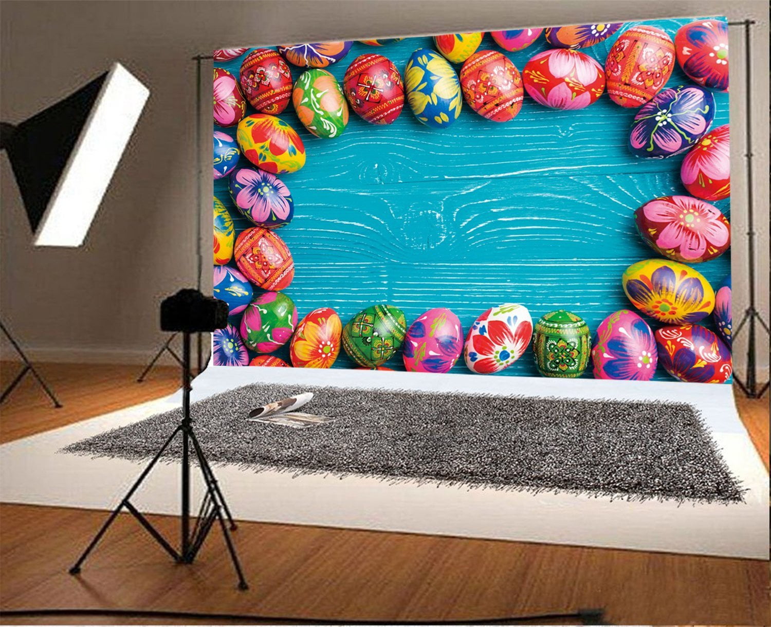 GreenDecor 7x5ft Happy Easter Painted Eggs Backdrop Blue Wood Plank ...
