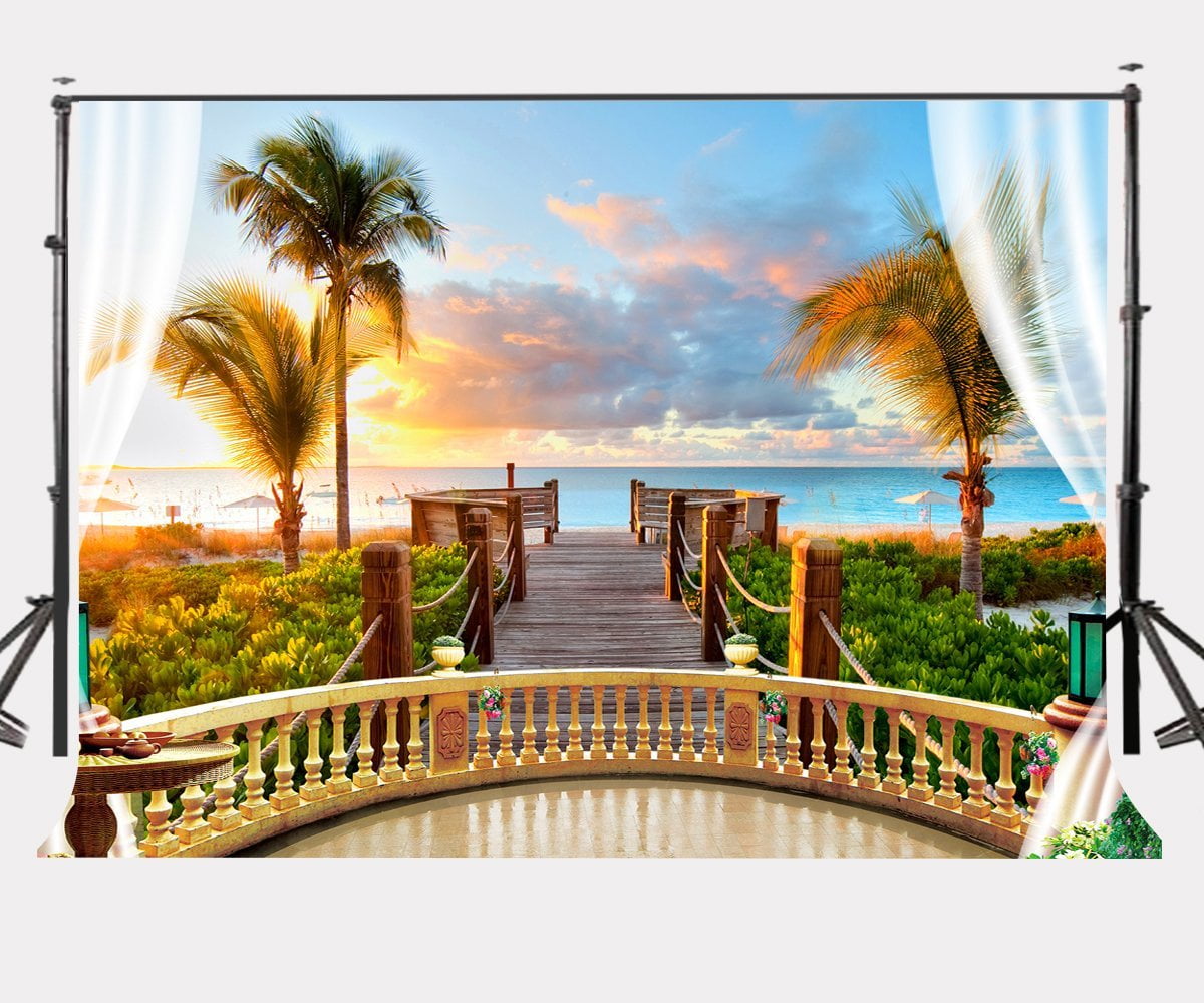 GreenDecor 7x5ft Hotel Beach Holiday Backdrop Morning Glow Between Sea ...