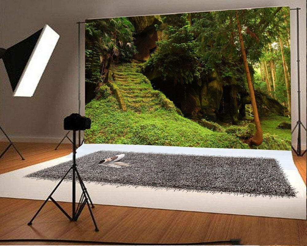 GreenDecor 7x5ft Photography Forest Backdrop Green Trees Grass Stairs ...