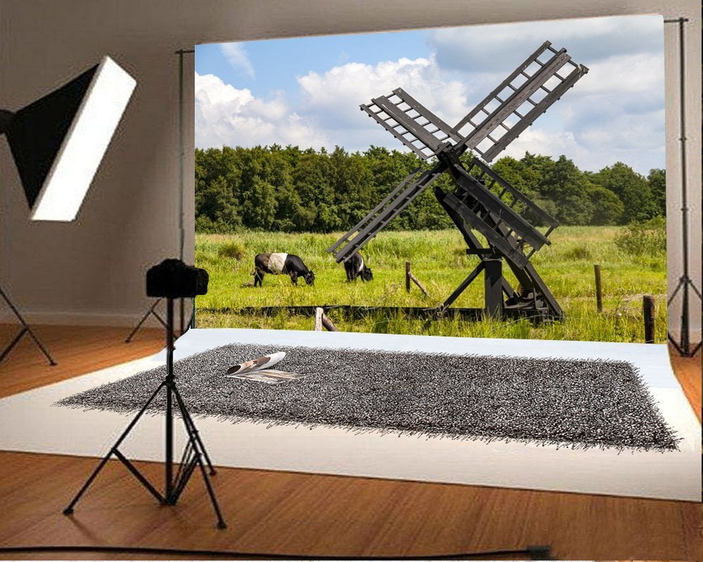 GreenDecor 7x5ft Photography Windmill Backdrop Grass Land Cattle Trees ...