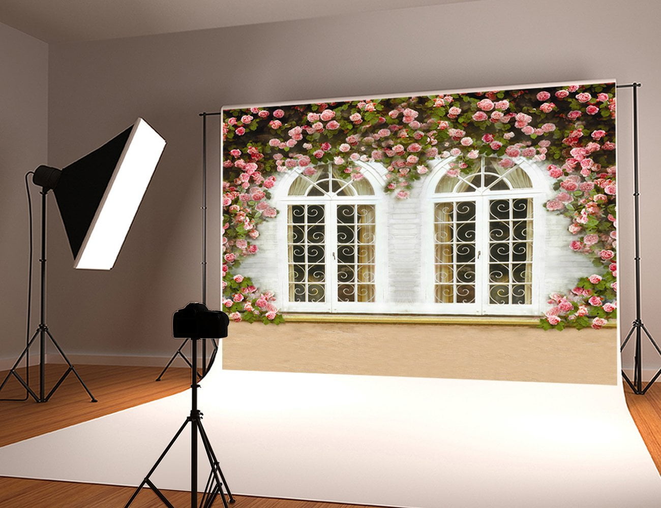 GreenDecor 7x5ft Pink Flowers Window Photography Backdrop White Wooden ...