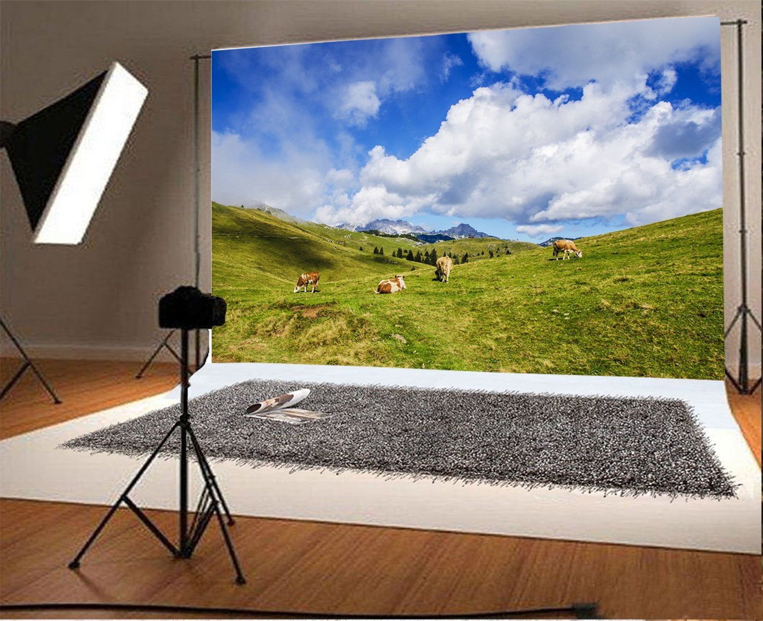 GreenDecor 7x5ft Prairie Backdrop Nature Landscape Cow Grassland Blue ...