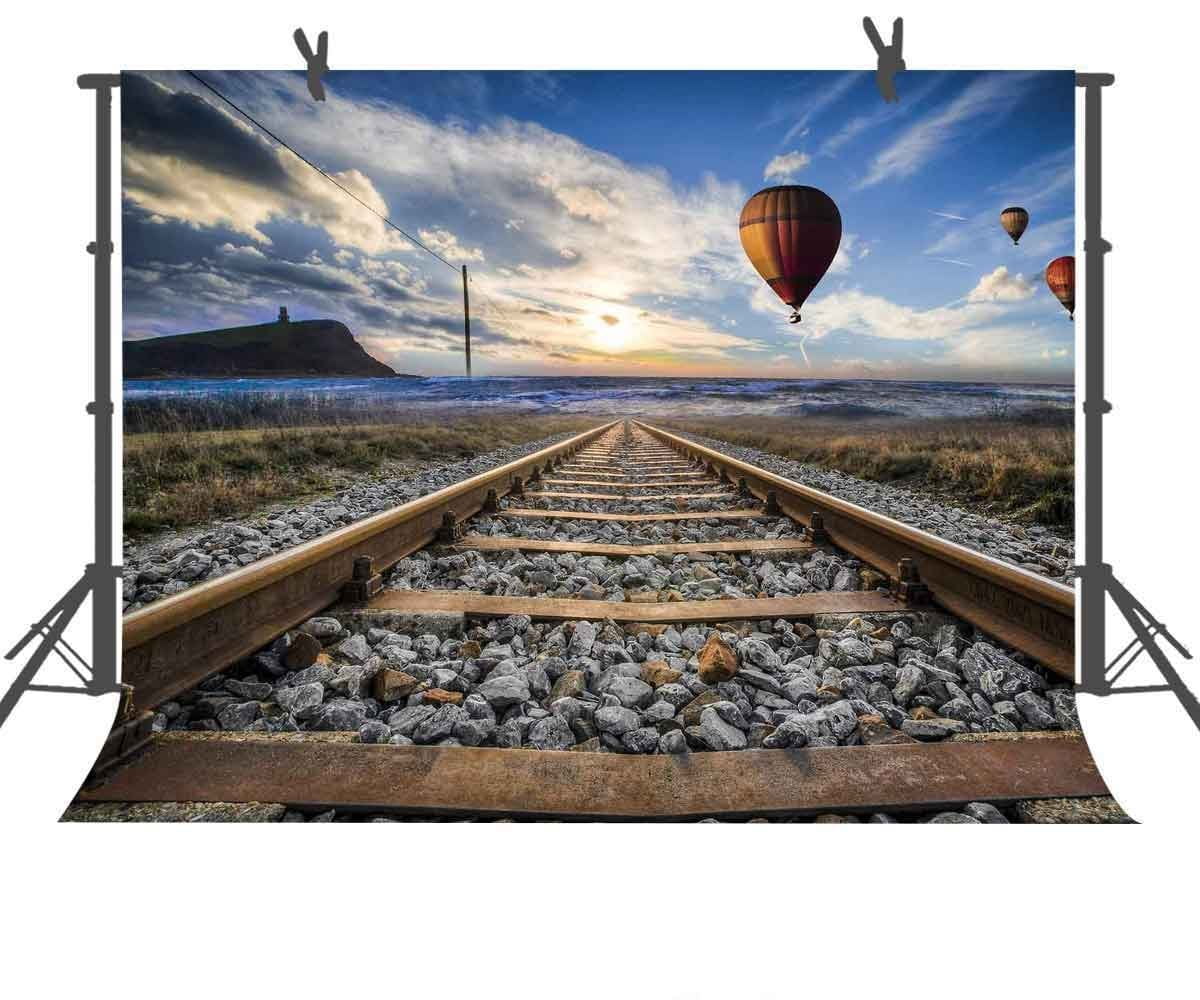 GreenDecor 7x5ft Train Tracks Backdrop Rail Sunrise Hot Air Balloon ...