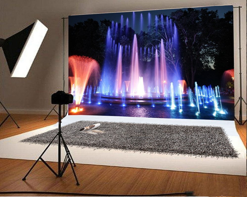 GreenDecor 7x5ft Water Fountain Backdrop Cityscape Night View Forest ...