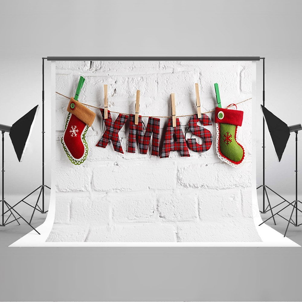 GreenDecor 7x5ft White Brick Wall Christmas Photography Backdrops Socks ...