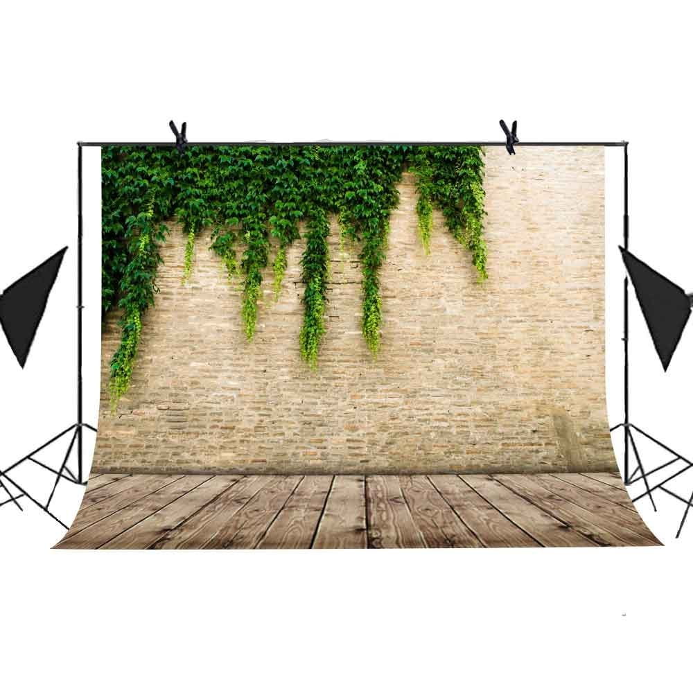 GreenDecor Backdrop 7x5ft Brick Wall Background Green Plants and Wood ...