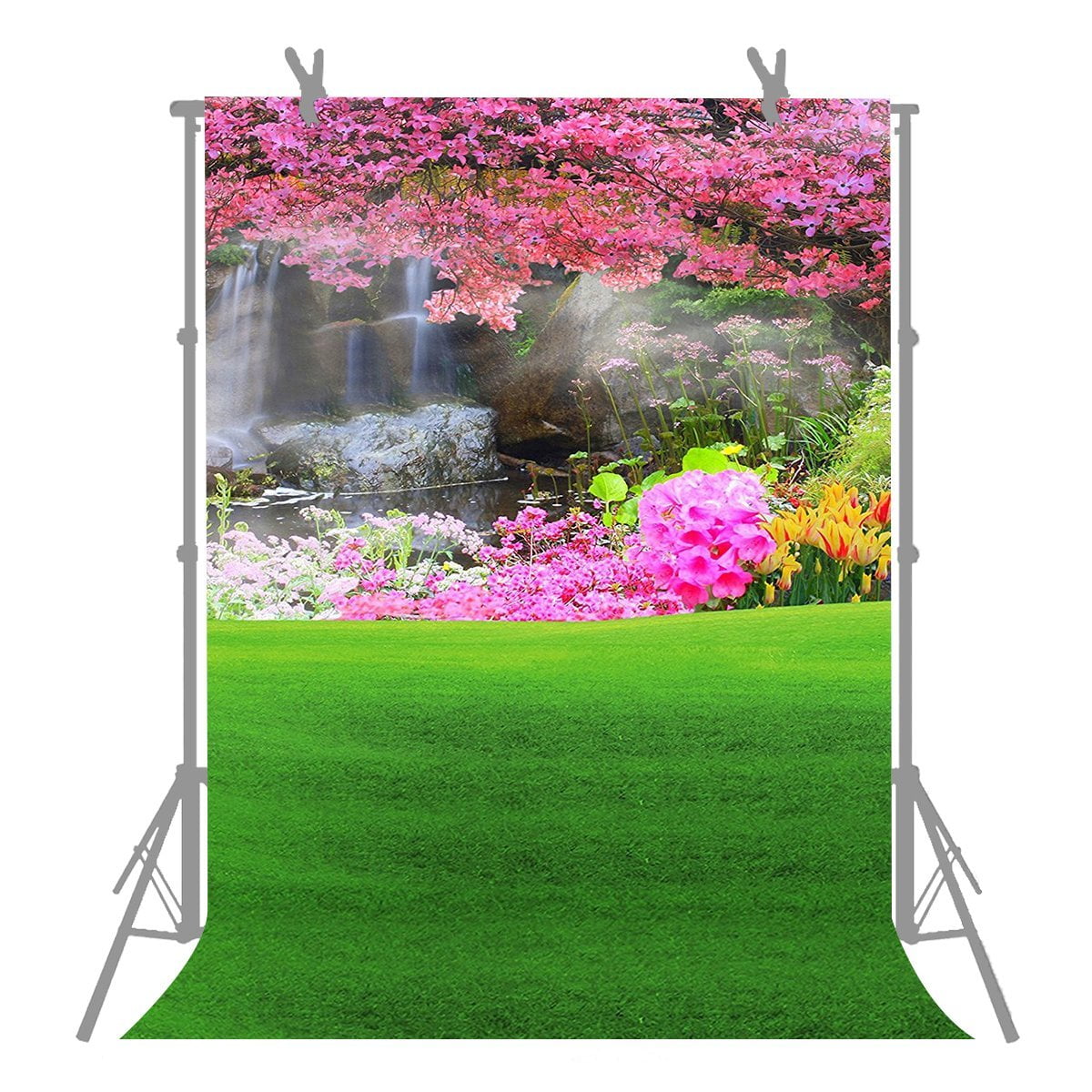 GreenDecor Background 5x7ft Pink Flowers and Green Grass Photography ...