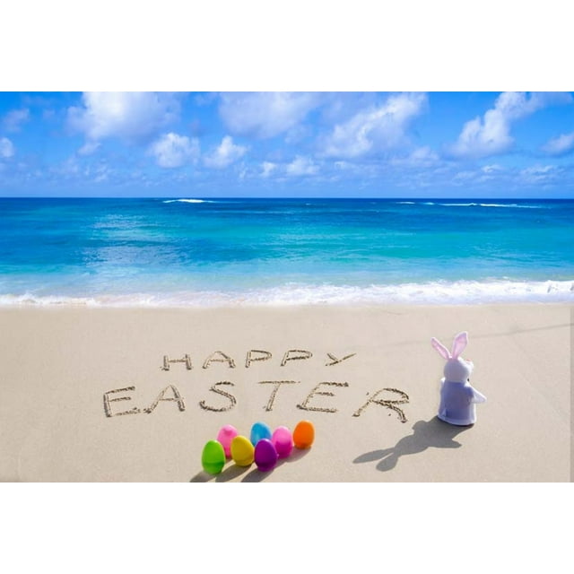 GreenDecor Easter Beach Photo Backdrop Eggs Rabbit Blue Ocean Seaside ...