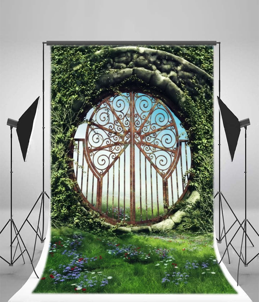 GreenDecor Fairy Tale Backdrop 5x7ft Round Iron Gate Grass Land Florets ...