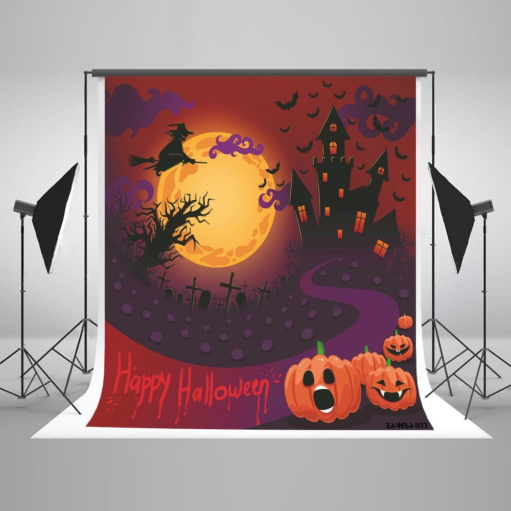 GreenDecor Halloween Red Backdrops Pumpkin Bat Witch Haunted House ...