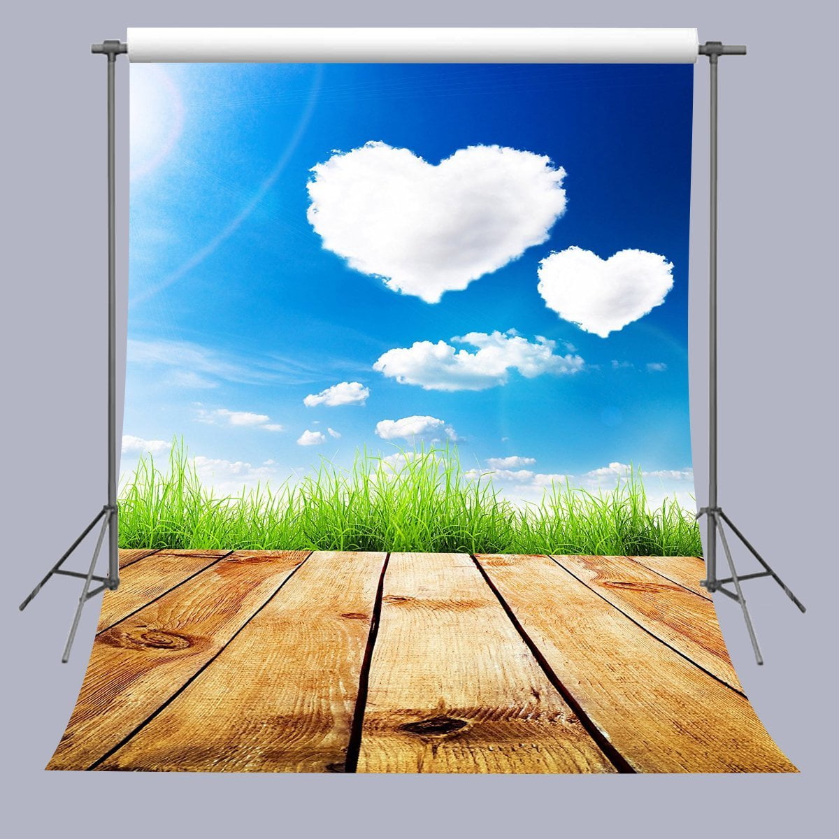 GreenDecor Photo Background 5x7ft Heart Shaped Clouds Wood Floor ...