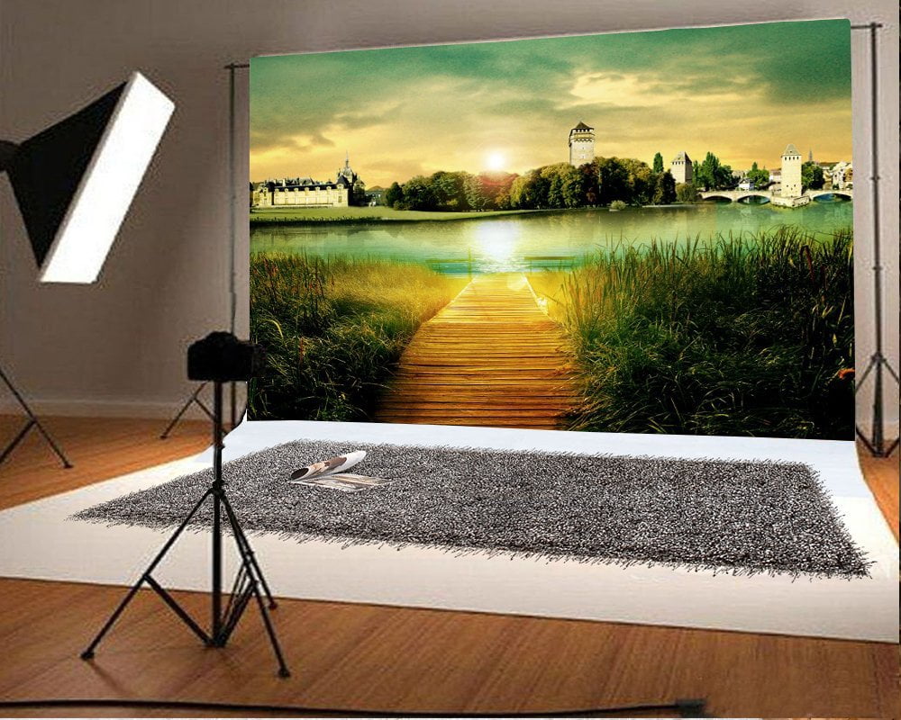 GreenDecor Photography Backdrop 7x5ft Dusk Setting Sun River Green ...