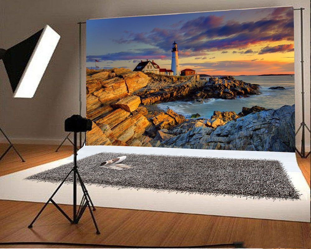 GreenDecor Photography Backdrop 7x5ft Sea Rocks Beacon Rocks House ...