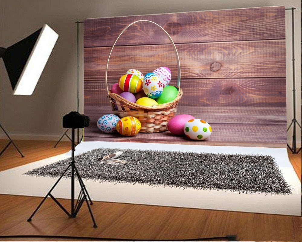 GreenDecor Photography Easter Eggs Backdrop 7x5ft Basket Wooden Wall ...