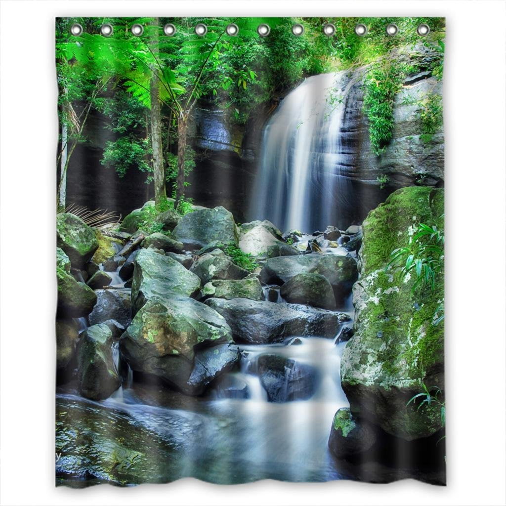 GreenDecor Silk Waterfall Waterproof Shower Curtain Set with Hooks ...