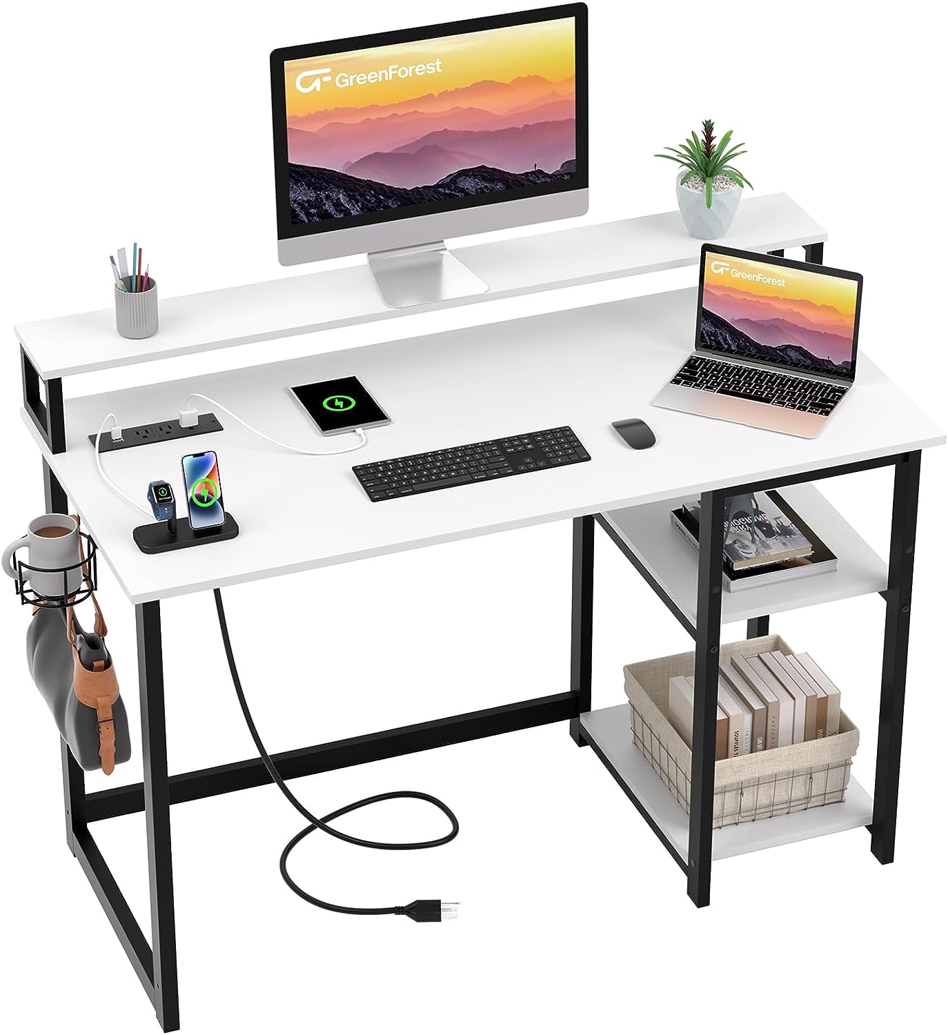 GreenForest 47 inch Computer Desk with Power Outlets, Small Home Office ...