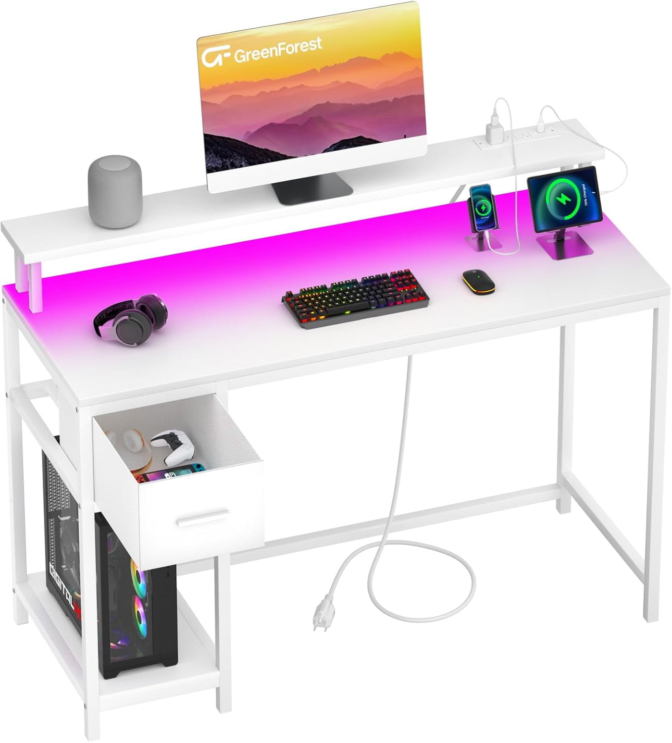 GreenForest Computer Desk 39 Inch with LED Lights and Monitor Stand ...