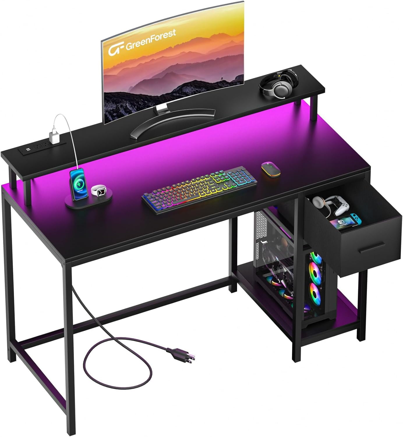 GreenForest Gaming Desk 39 Inch with LED Lights and Monitor Stand ...