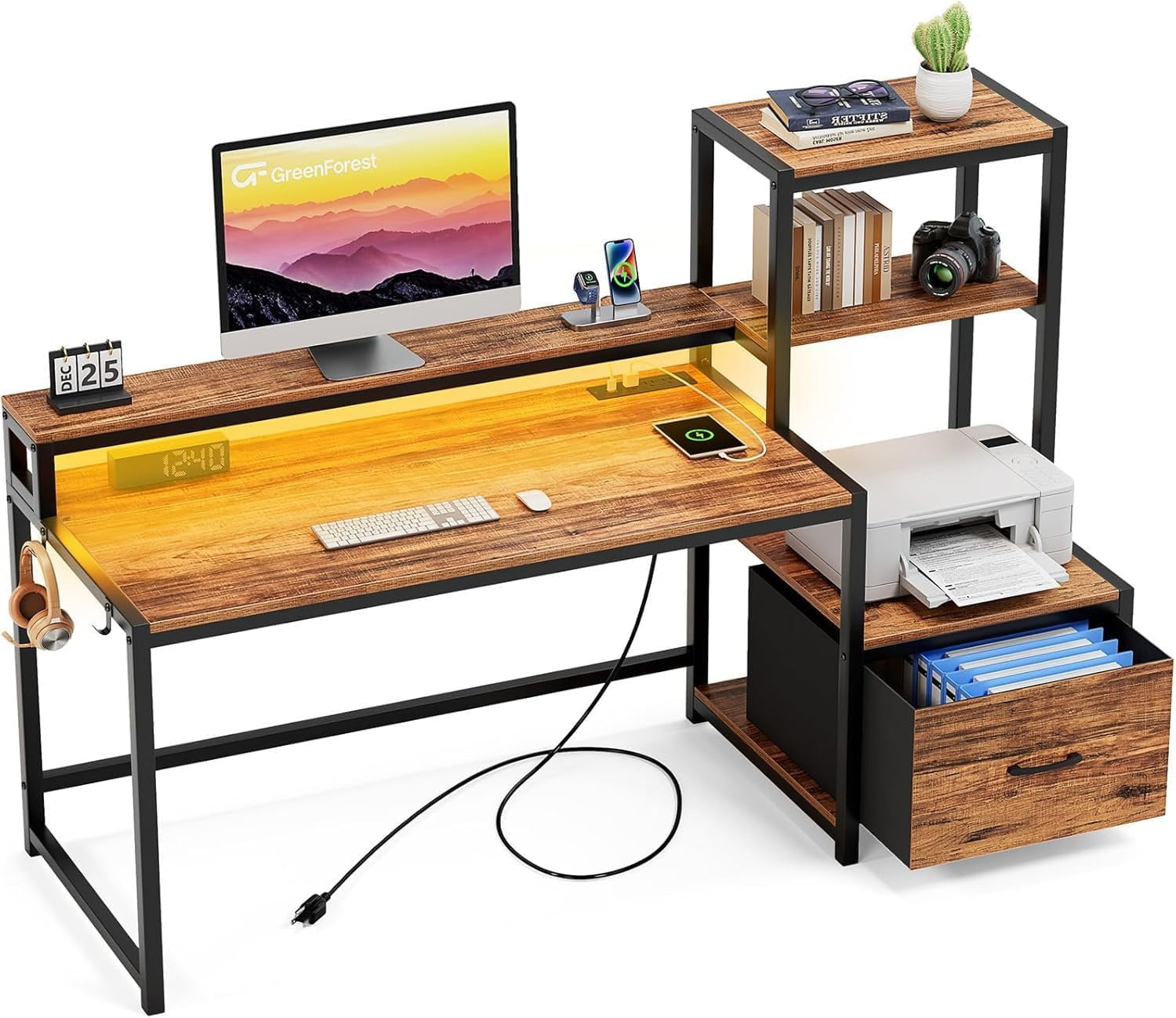 GreenForest Office Desk with Power Outlets and Printer Shelf, 68.8 inch ...