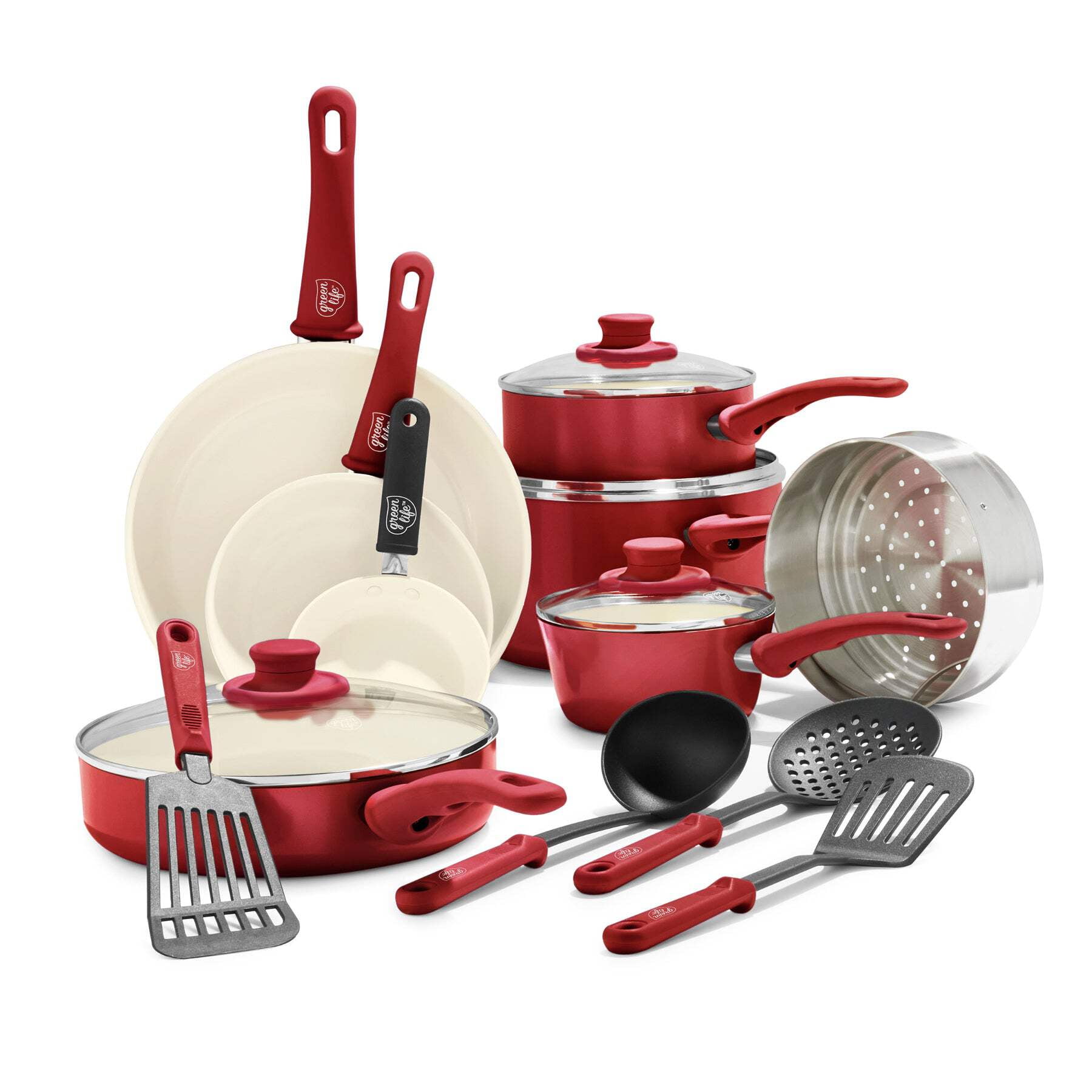 GreenLife 16 Piece Nonstick Cookware Set, Soft Grip Non-Toxic ...