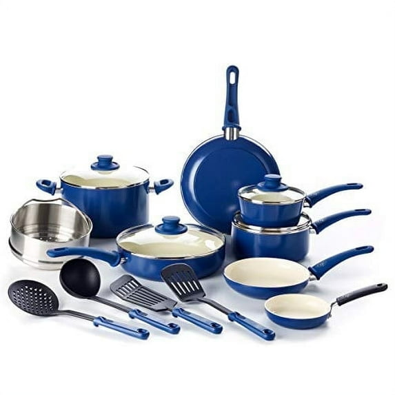GreenLife 16 Piece Non-Stick Ceramic Cookware Set, Pots and Pans, Blue ...