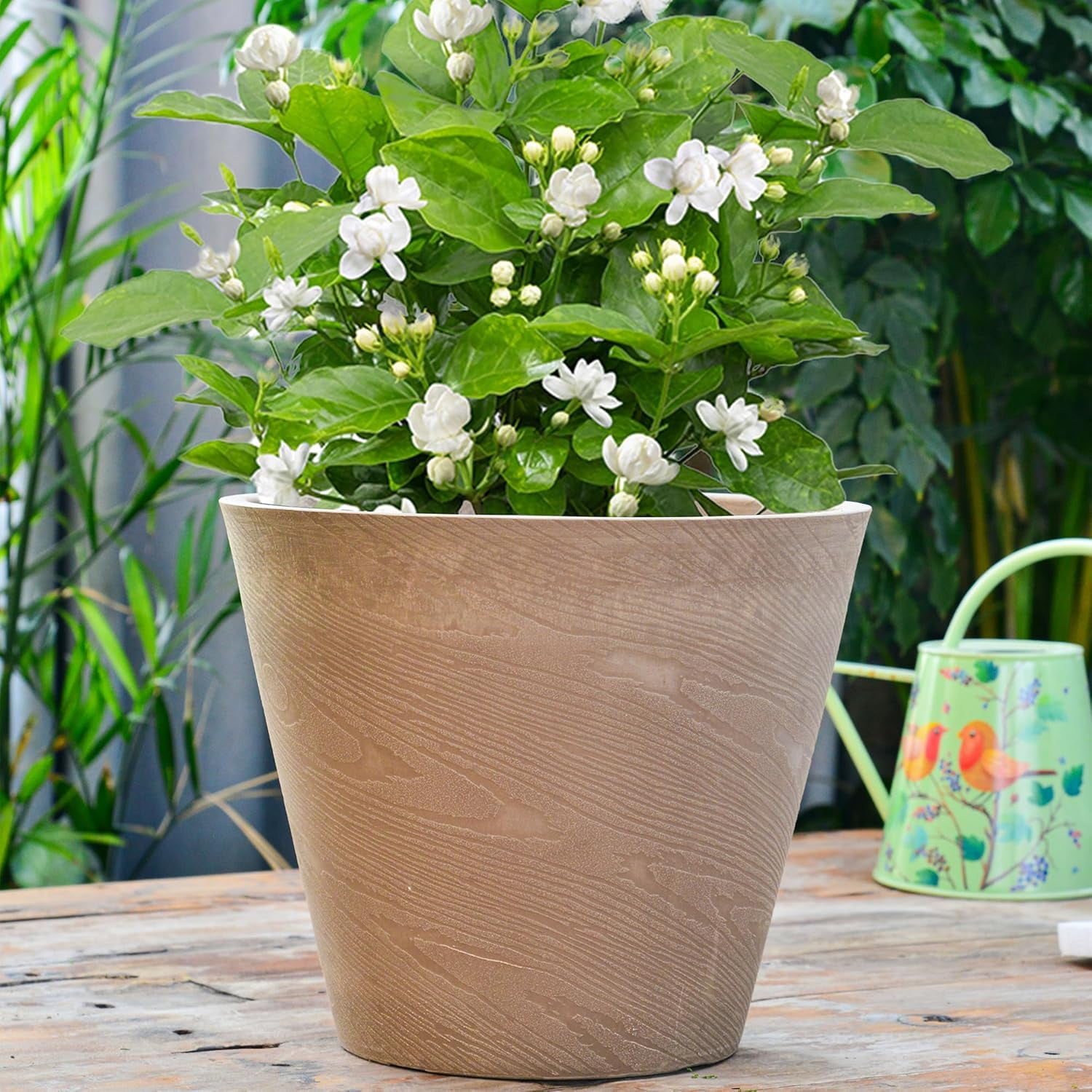 GreenShip 18 inch Large Cylinder Planter for Indoor Outdoor, Woodgrain ...