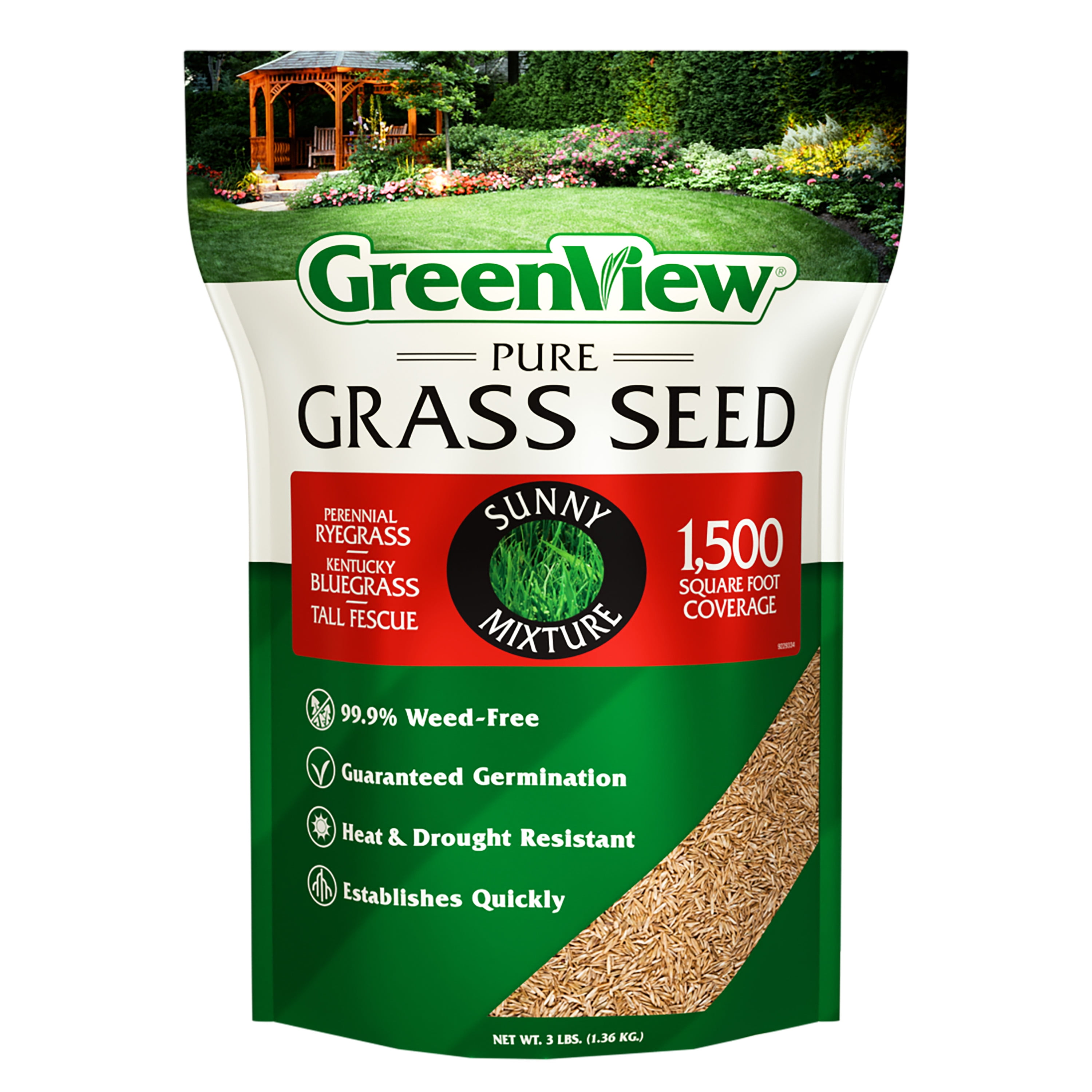 GreenView Pure Grass Seed Sunny Mixture, 3 lb. Bag – Covers up to 1,500 ...