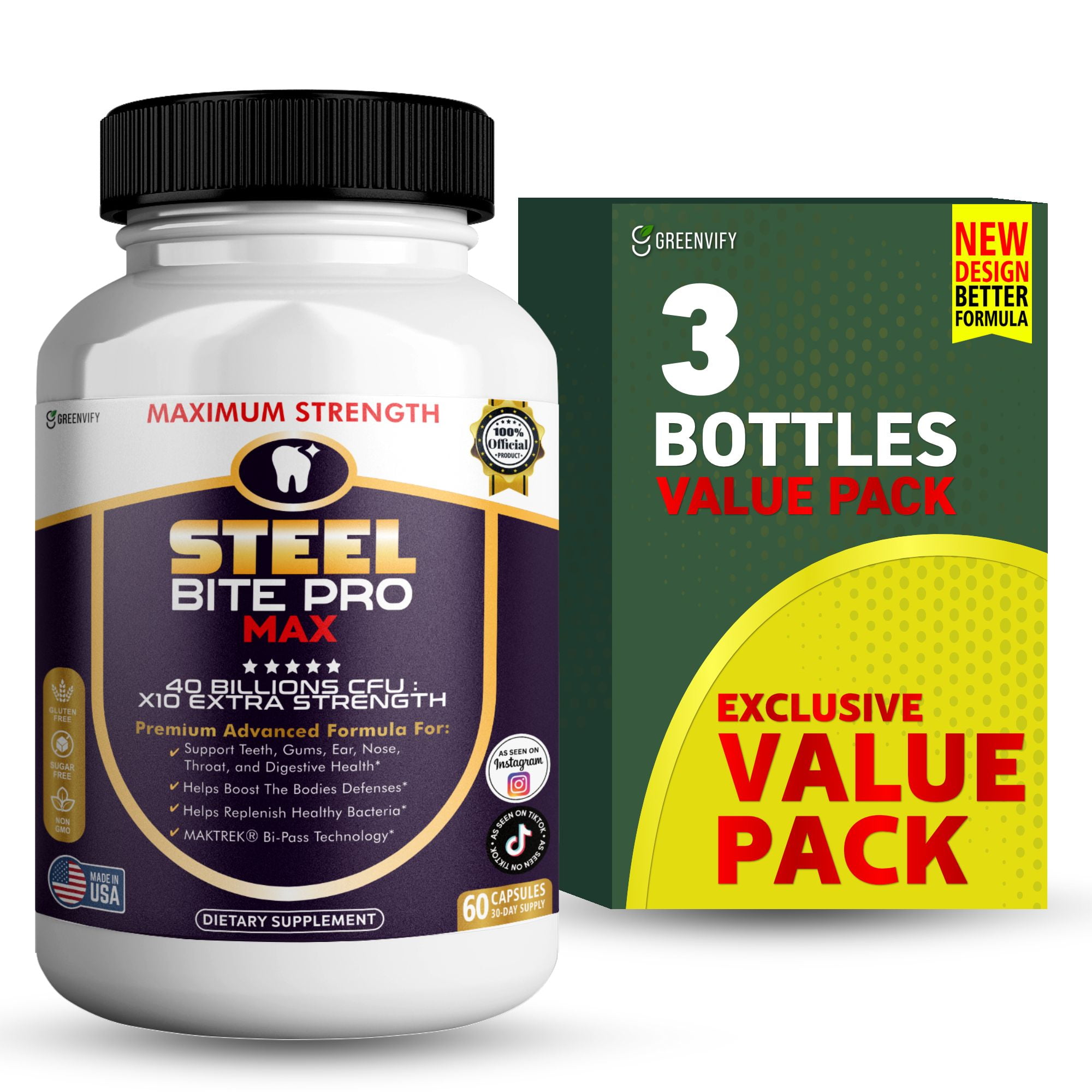 GreenVify Steel Bite Pro Max Oral Health Support Supplement, 60 ...