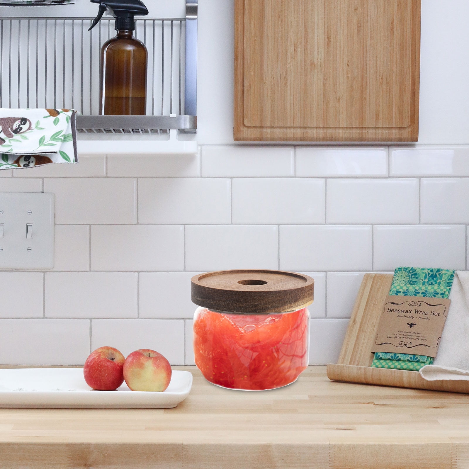 Greenadscape 1Pcs Glass Kitchen Canisters Storage Tank 9x7CM 350ML Wood ...