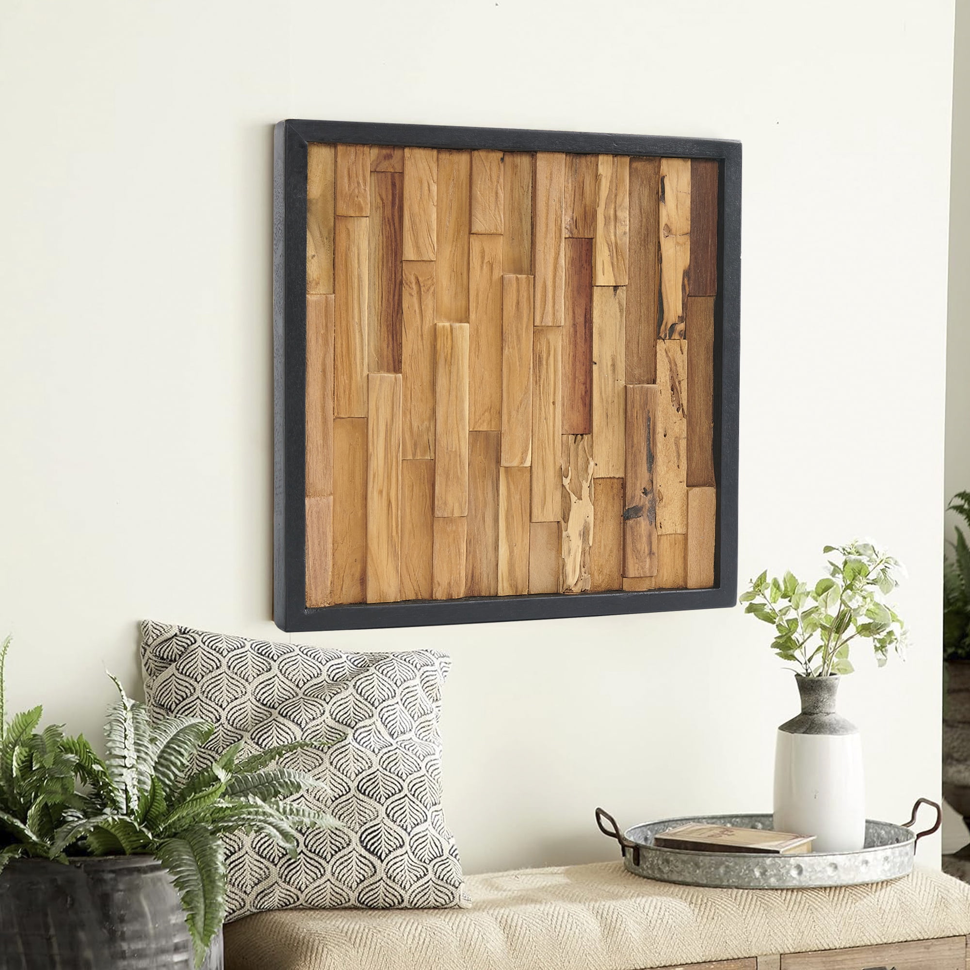 Greenage Reclaimed Teak Wood Wall Art, Bricks Design, 17"x17"x1.6", 1pc ...