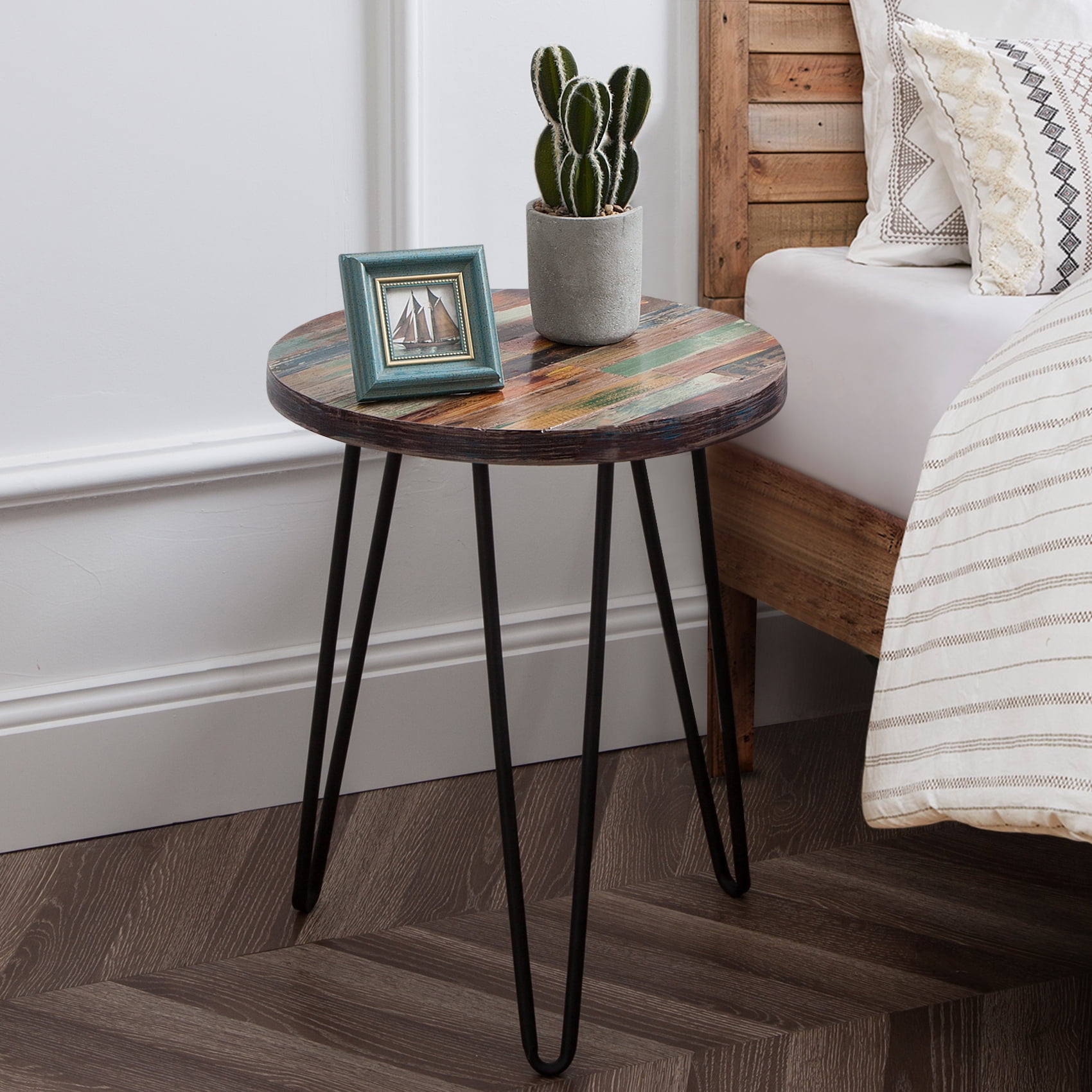 Greenage Reclaimed Wood End Table, 18" x 18" x 20" H, Brick Round ...