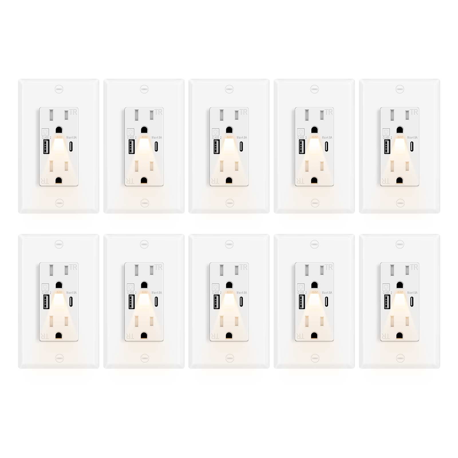 Greencycle Outlet With Built in Light And USB C,10PK 15Amp High Speed ...