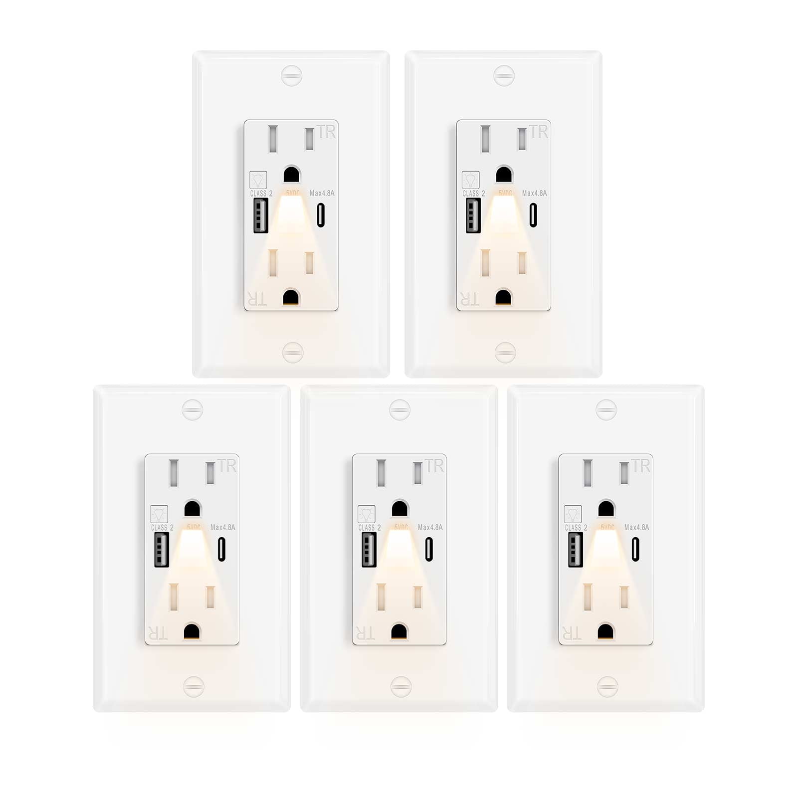 Greencycle Outlet With Built in Light And USB C,5PK 15Amp High Speed ...