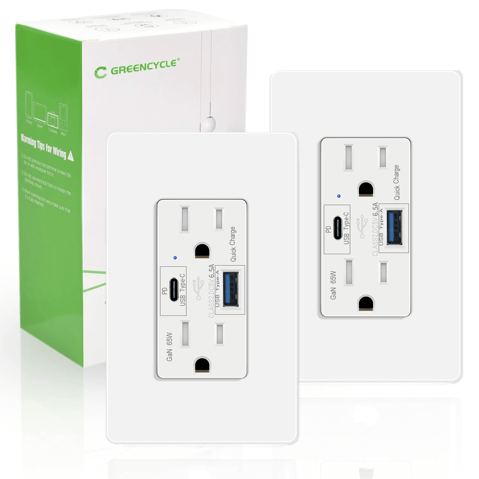 Greencycle USB C Wall Outlet PD3.0 65W GaN,2PK Type C Outlet Fast ...