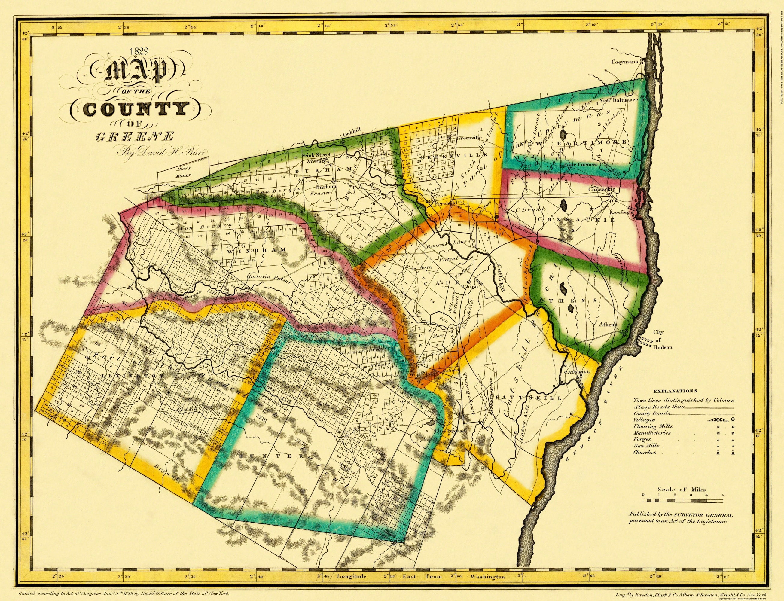 Historic County Map - Greene County New York - Burr 1829 - 30 x 23 ...