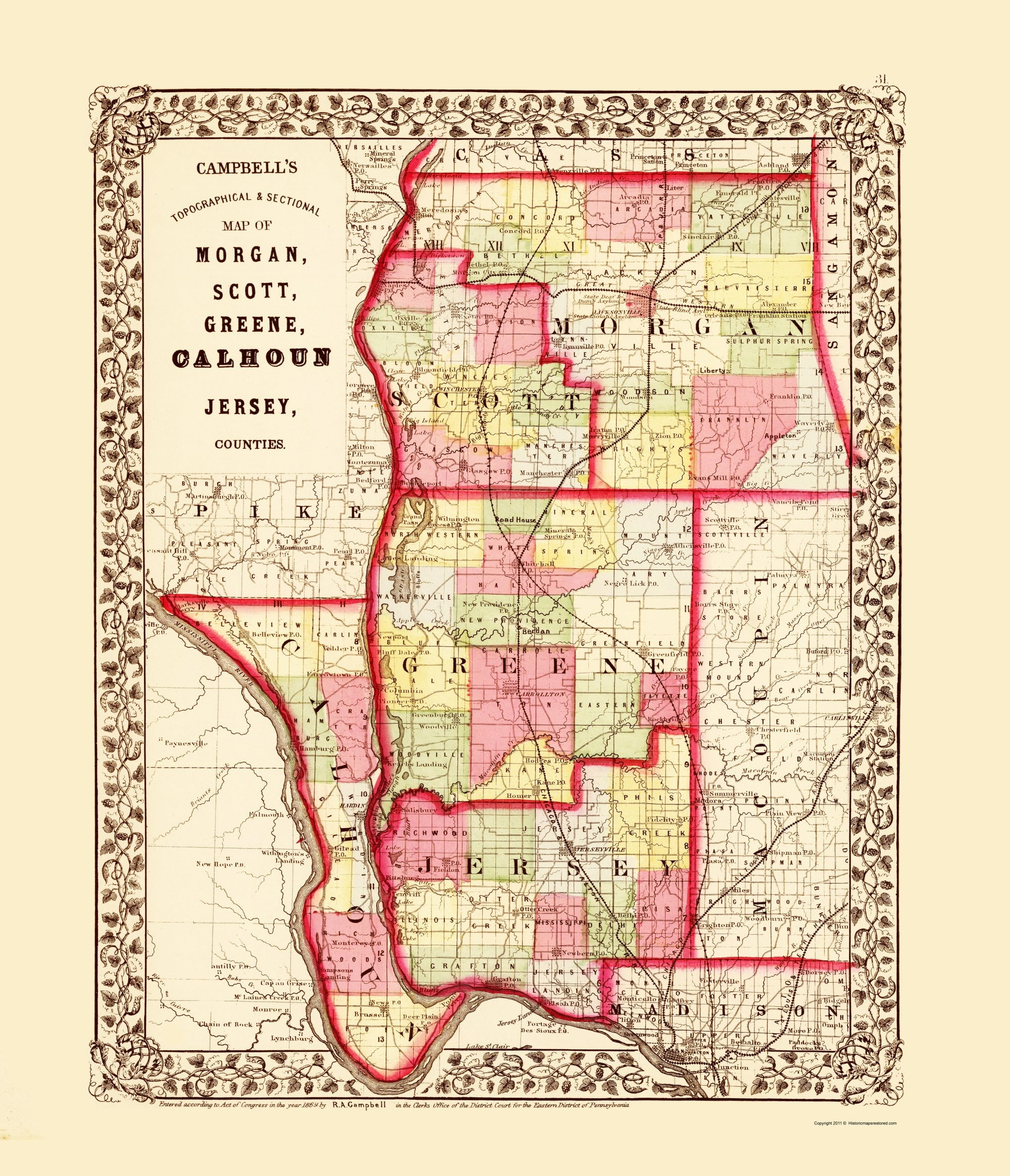 Historic County Map - Greene Jersey Scott Morgan Calhoun Counties Illinois - Campbell 1870 ...