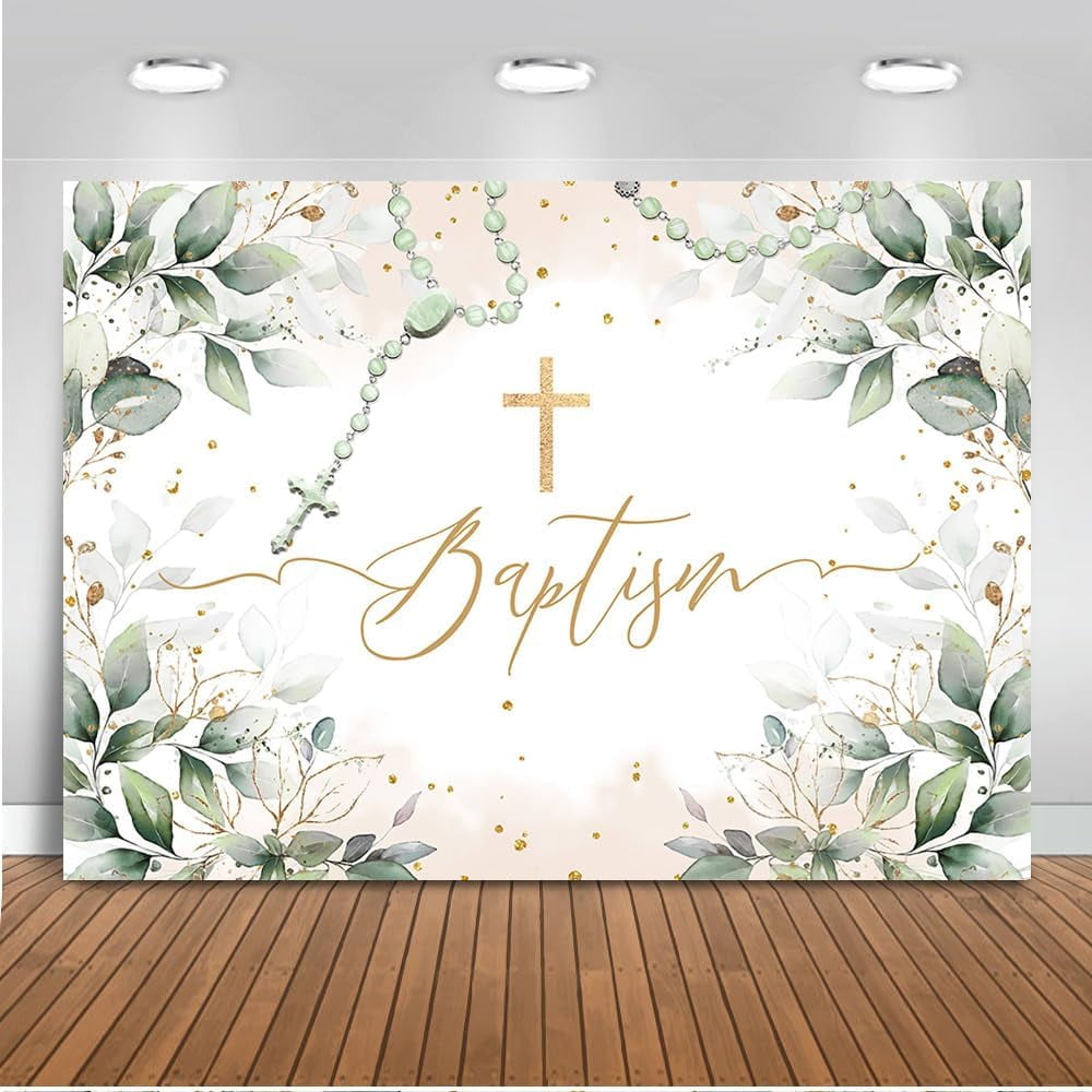 Greenery Baptism Backdrop Eucalyptus Leaves God Bless First Communion ...